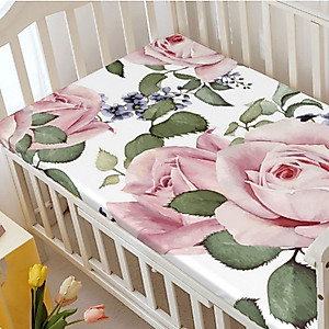 Rose Themed Fitted Mini Crib Sheets,Portable Mini Crib Sheets Soft and Breathable Bed Sheets-Crib Mattress Sheet or Toddler Bed Sheet,24“ x38“,Pale Pink Bluegrey Green