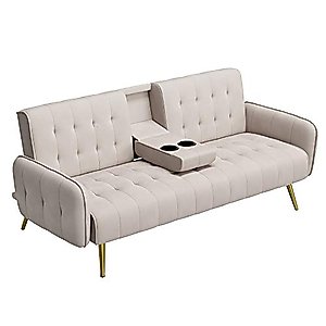 VASAGLE Sofa Bed, Convertible Couch with 2 Cup Holders and Removable Armrests, for Compact Living Space Apartment Dorm Office, 72 x 33.9 x 30.7 Inches, Beige