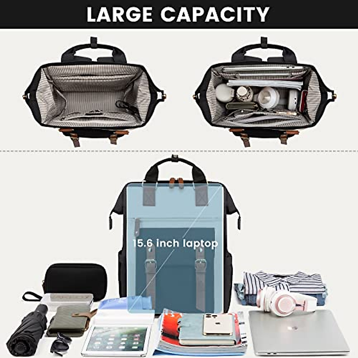 LOVEVOOK Laptop Backpack For Women Work Travel Backpack Purse, Nurse Bag College Backpack, Teacher Doctor Business Laptop Bag, Waterproof Wide Open Computer Back pack, 15.6 Inch, Black-Beige-Brown