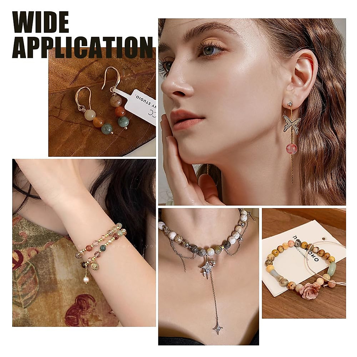 NBEADS About 460 Pcs Natural Stone Beads Kit, 6mm 8mm Natural Gemstone Beads Loose Round Stone Beads with Rhinestone Spacer Beads for DIY Bracelet Necklaces Jewelry Making