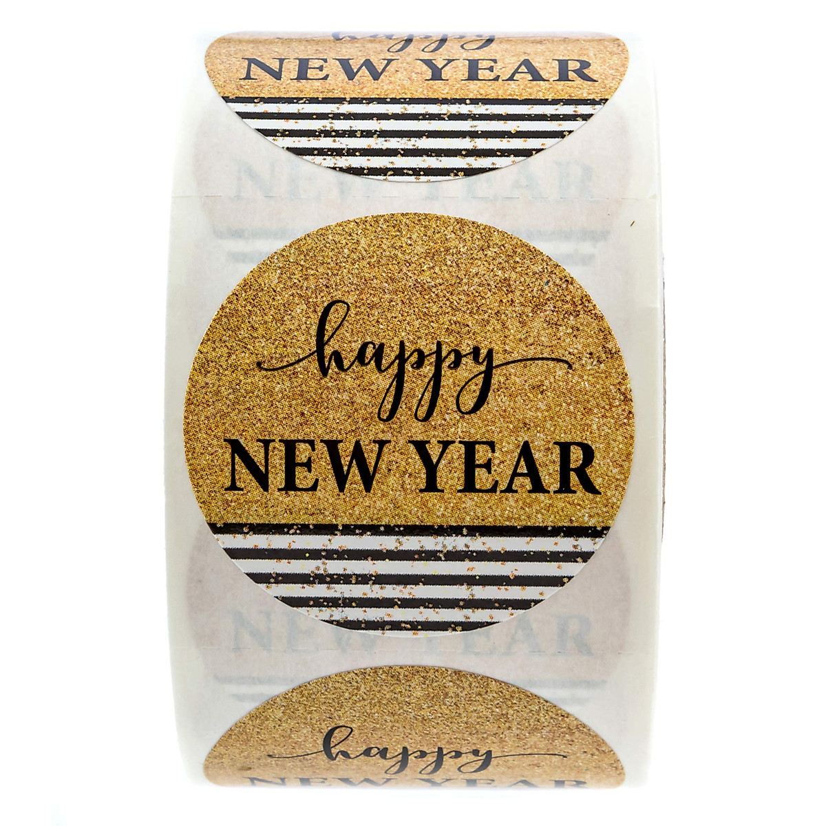 Black & Gold Happy New Year Stickers/500 New Year Labels/Happy New Year Faux Glitter Sticker