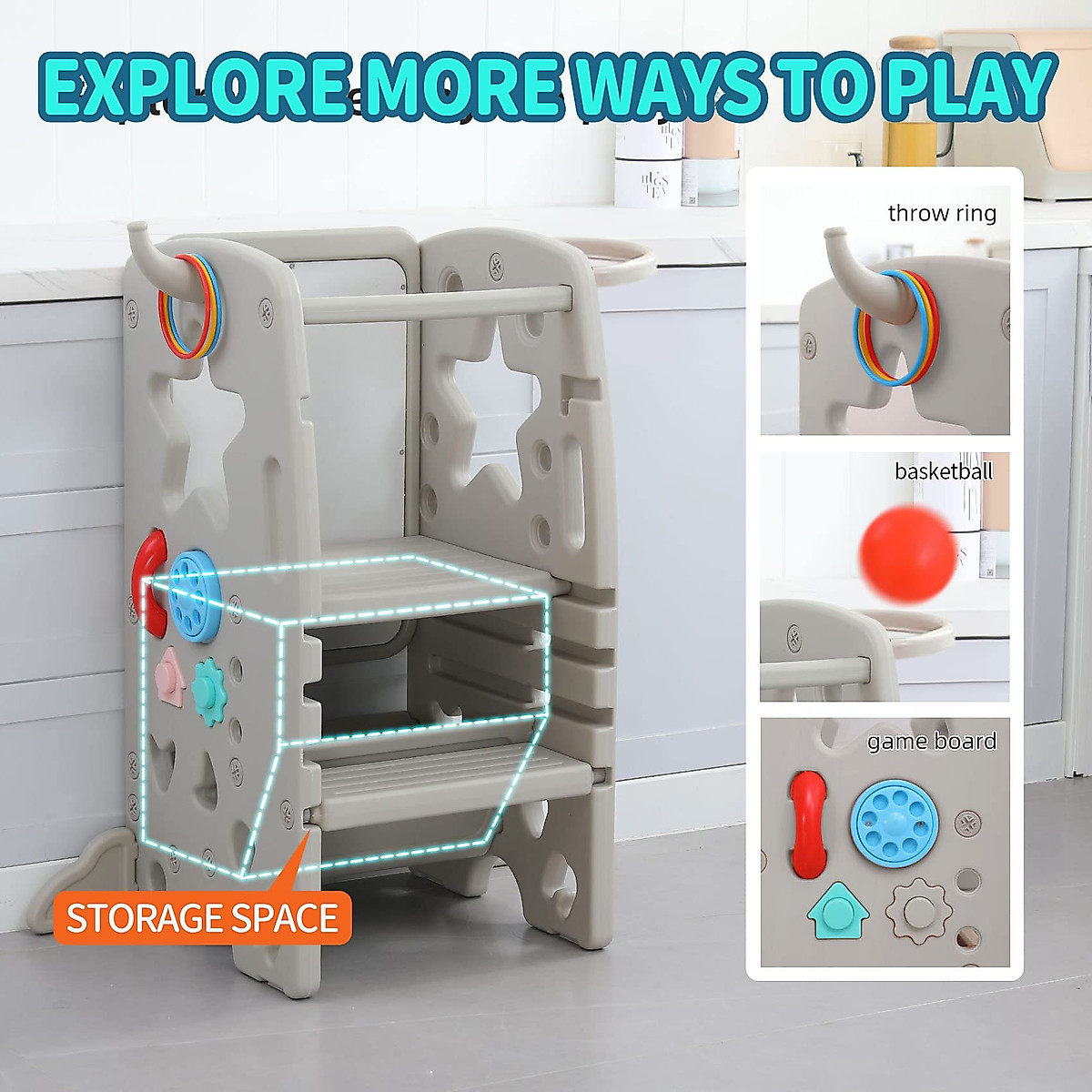 UNICOO Multifunctional Kids Step Stool with Double Safety Rails, Height Adjustable, Toddler Tower for Kitchen Countertop and Bathroom with Big Drawing Board & Games (OMLT-Grey)