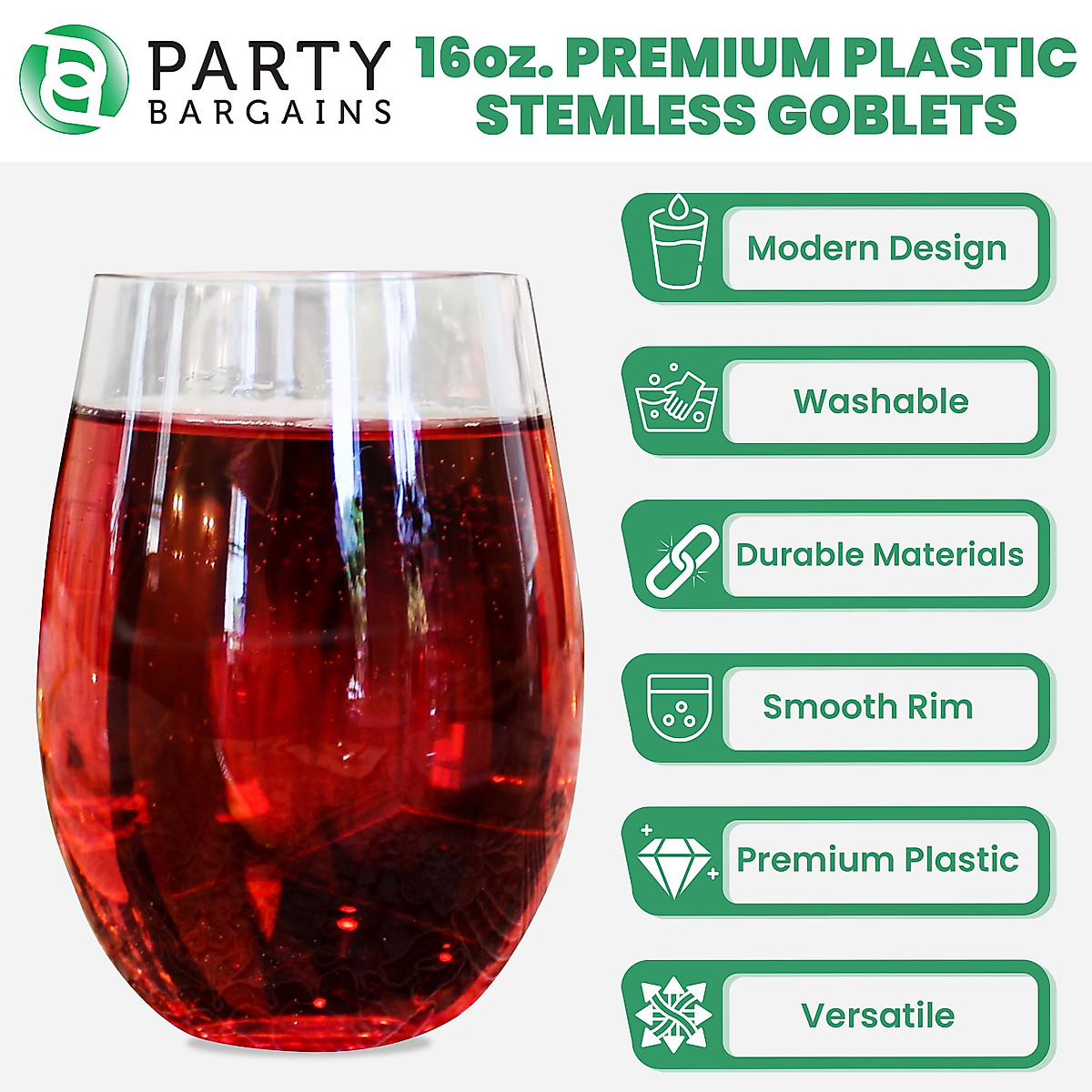 PARTY BARGAINS Stemless Goblet, 16 oz, Clear, 6 Pack, Heavy Duty Plastic Wine Glasses, Decorative Drinking Cups for Weddings, Baby Showers, Barware, Drinkware