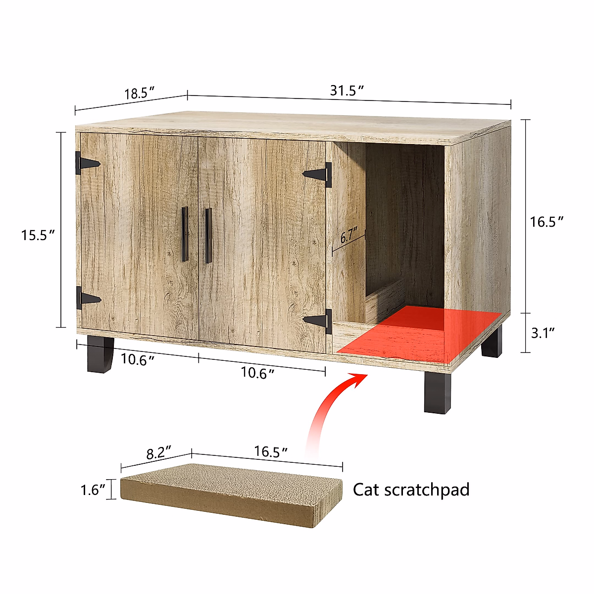 TaoHFE Litter Box Enclosure Cat Litter Box Furniture Hidden with Cat Scratch Pad Decorative Farmhouse Wooden Cat Box Furniture Litter Box Cabinet,Oak