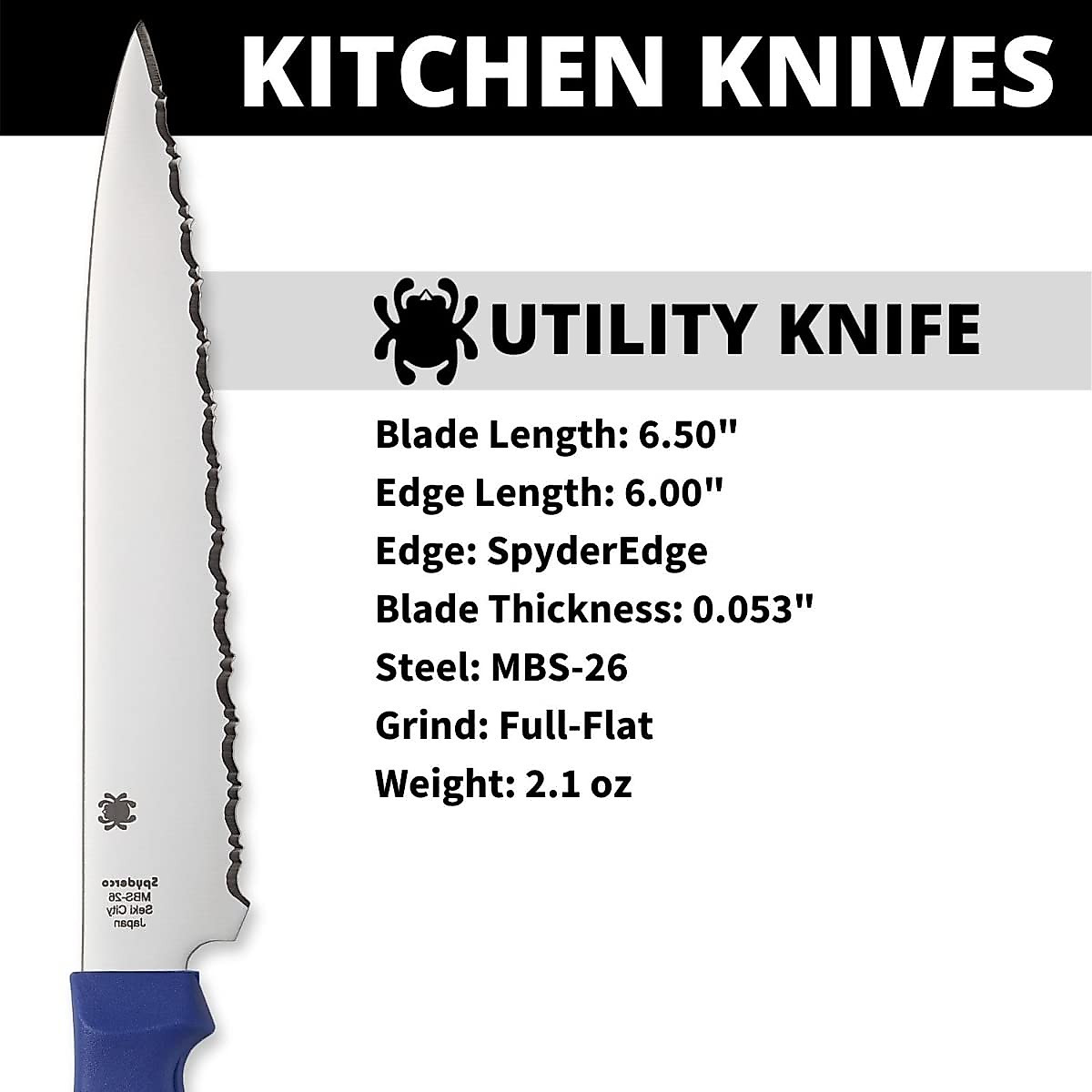 Spyderco Lightweight Kitchen Utility Knife with 6.5" MBS-26 Stainless Steel Blade and Blue Polypropylene Plastic Handle - SpyderEdge - K04SBL