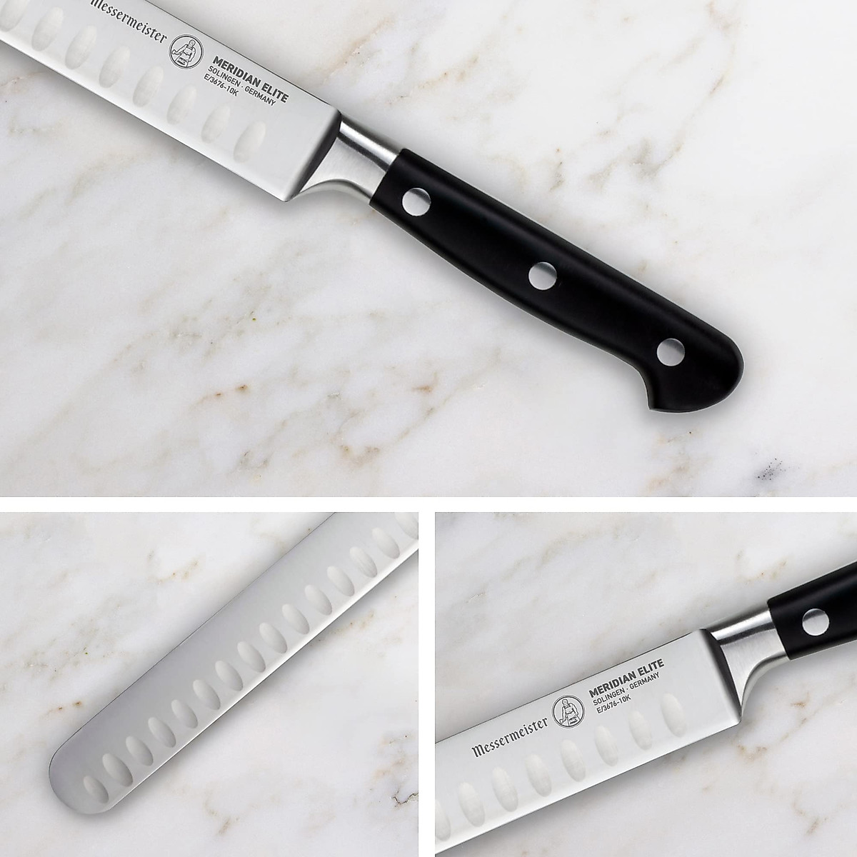 Messermeister Meridian Elite 10” Round-Tip Kullenschliff Slicer Knife - Fine German Steel Alloy Blade - Rust Resistant & Easy to Maintain