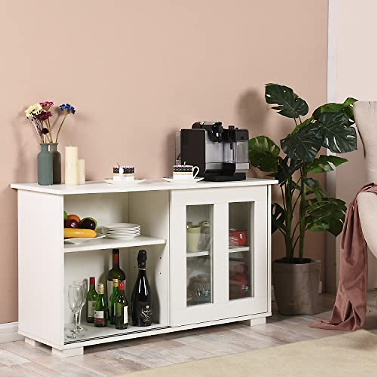 FurnitureR Sideboard Buffet Modern Storage Cabinet with Sliding Doors/Adjustable Shelves, 42'' Kitchen Cupboard Stackable Console Bar Table for Home Living Room, White