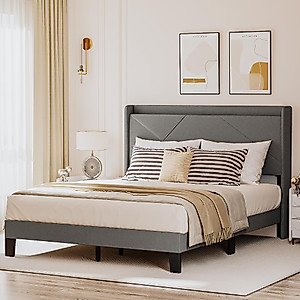 Lifezone Queen Bed Frame with Headboard, Queen Bed Frame with Charging Station, Upholstered Bed Frame with Wingback Shelf, Under-Bed Storage, No Box Spring Needed,Easily Assemble, Dark Grey