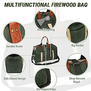 EIVOTOR Multifunction Firewood Carrier Bag, Extra Large Waxed Canvas Wood Log Carrier for Firewood with Soft Handles and Adjustable Shoulder Strap, Firewood Holder Tote Bag for Indoor Home or Camping