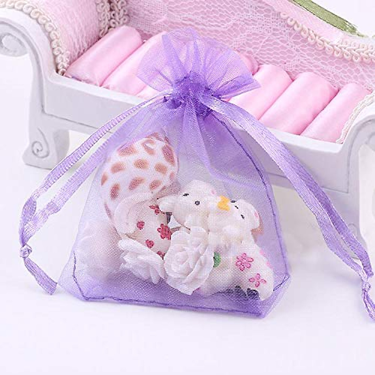 Wudygirl 100pcs 3.9 by 4.7 inches Organza Bags Drawstring Wedding Party Favor Jewelry Perfume Storage Sachets Soaps Marbles Coins Buttons Gift Bag(Lilac 3x4)