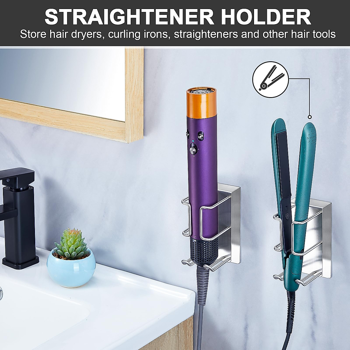 WAYASI Hair Dryer Straightener Holder Blow Dryer Holder for Bathroom, Adhesive Curling Iron Holder, Stainless Steel Hair Dryer Holder Wall Mount, Hair Tool Organizer, Hair Flat Iron Storage for salon