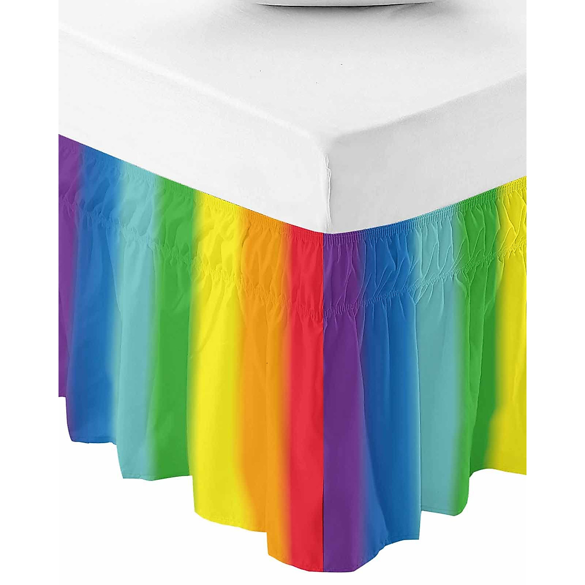 Rainbow Bed Skirt Queen Size 16 Inch Drop, Adjustable & Elastic Wrap Around Bed Skirts Pleated Luxury Dust Ruffles for Twin Full Queen Cal King Base Bed, Abtract Ombre Colorful Geometric Stripes