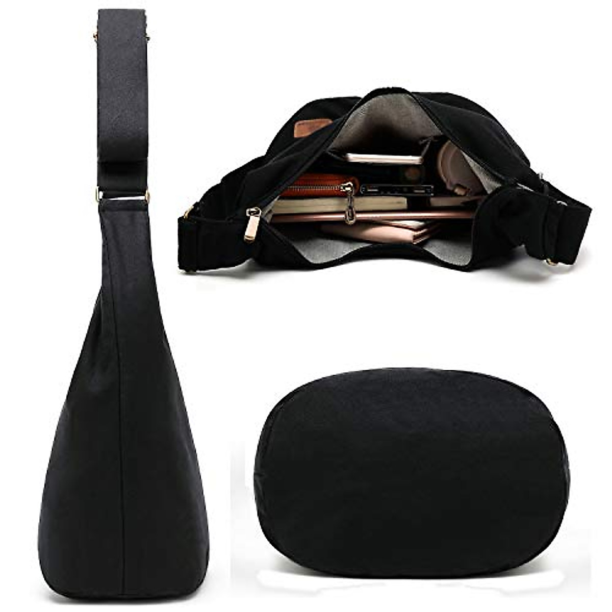 Hippie Crossbody Bag Top Zip Retro Canvas Sling Bag Jacquard cloth Handmade Bags (Black)