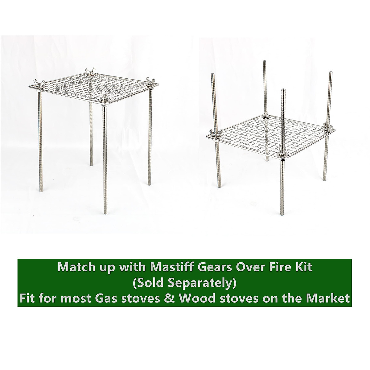 MASTIFF GEARS® Bushcraft Grill Grate, Multi-Use 3D Welded 304 (18/8) Stainless Steel High Strength Mesh Campfire Grill, FDA Compliant, for Camping, Backpacking, Hunting & Fishing (Solo)