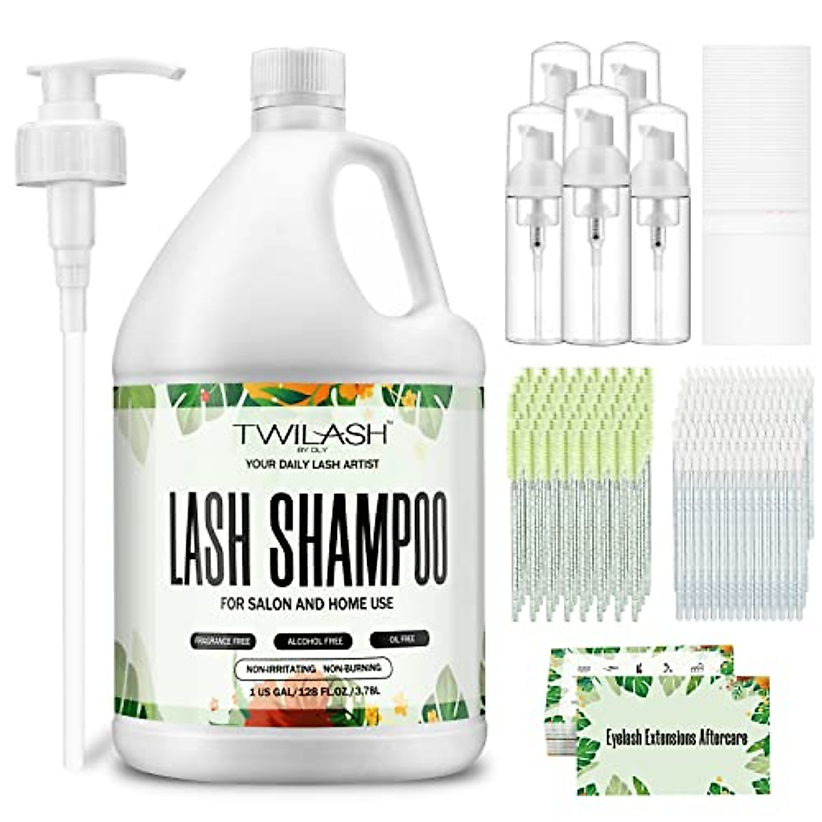Lash Shampoo Bulk, Eyelash Cleanser for Extensions 1 Gallon / 3.8L - Includes 50 Aftercare Kits, 5 Foam Pump Bottles, Dispenser Pump - Eyelid Foaming Cleanser for Professional Salon and Home Use