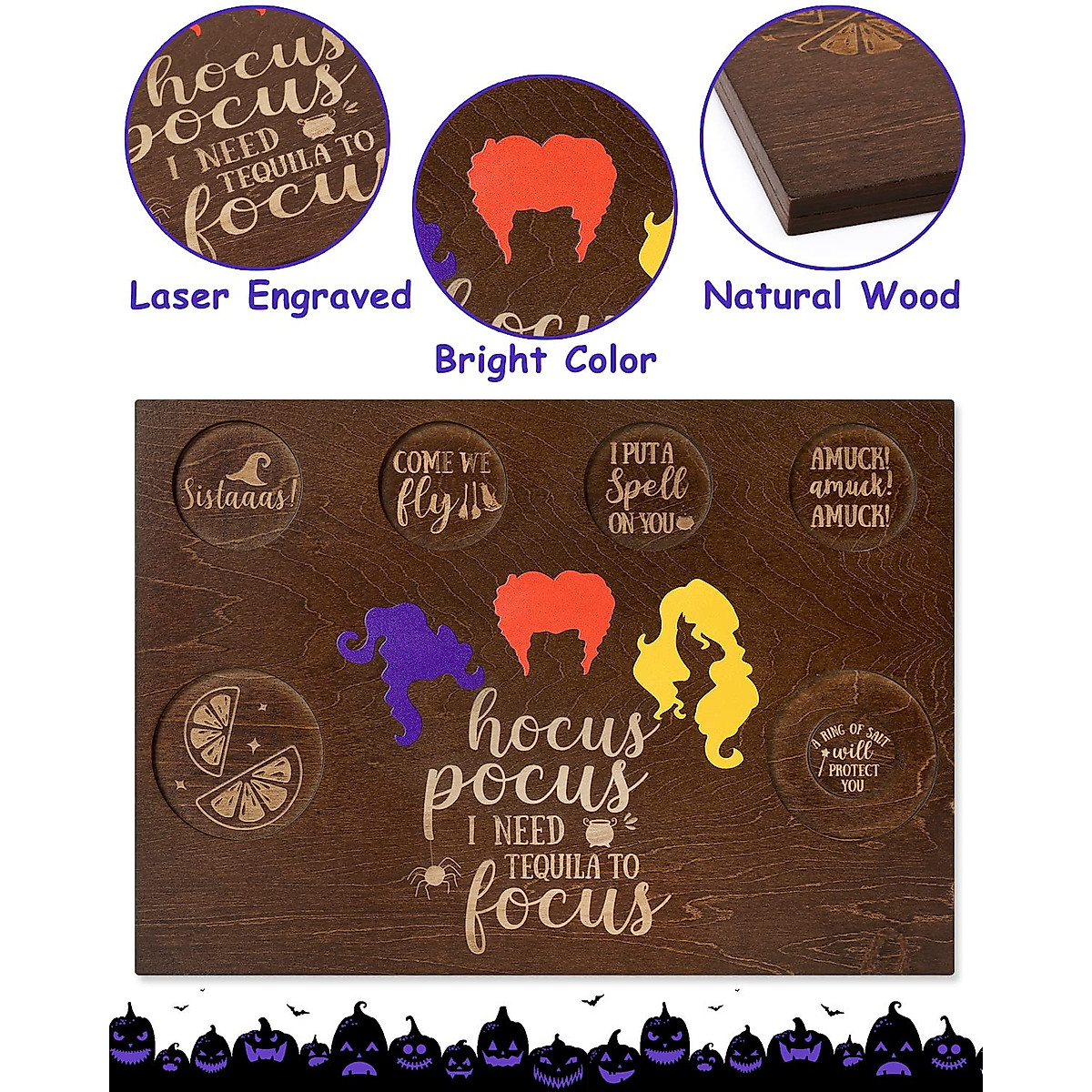 Tequila Shot Board Serving Tray, Zingoetrie Hocus Pocus Shot Glass Holder Display Storage with Salt Rim Bar Wooden Tray for Halloween Witch Liquor Birthday Party Wedding Housewarming Men Women Gifts