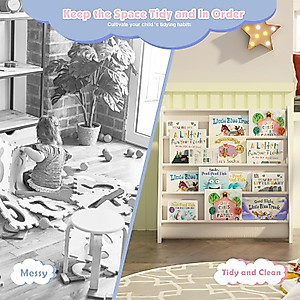 NACHES Kids Bookshelf 4 Tier White Kids Book Rack Storage Sling Nursery Display Shelf Toddler Baby Girls’ Boys’ Bedroom Playroom Classroom Fabric Bookcase for Children Age 1-5