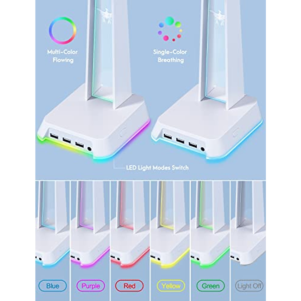 PHNIXGAM RGB Headphone Stand with 3.5mm AUX and 3 Port USB 2.0 Hub, Universal Gaming Headset Hanger Holder for Computer Gaming Gamer Accessories (White)