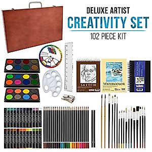 U.S. Art Supply 102-Piece Deluxe Art Creativity Set with Wooden Case - Artist Painting, Sketching and Drawing Set, 24 Watercolor Paint Colors, 17 Brushes, 24 Colored Pencils, Sketch & Painting Pads