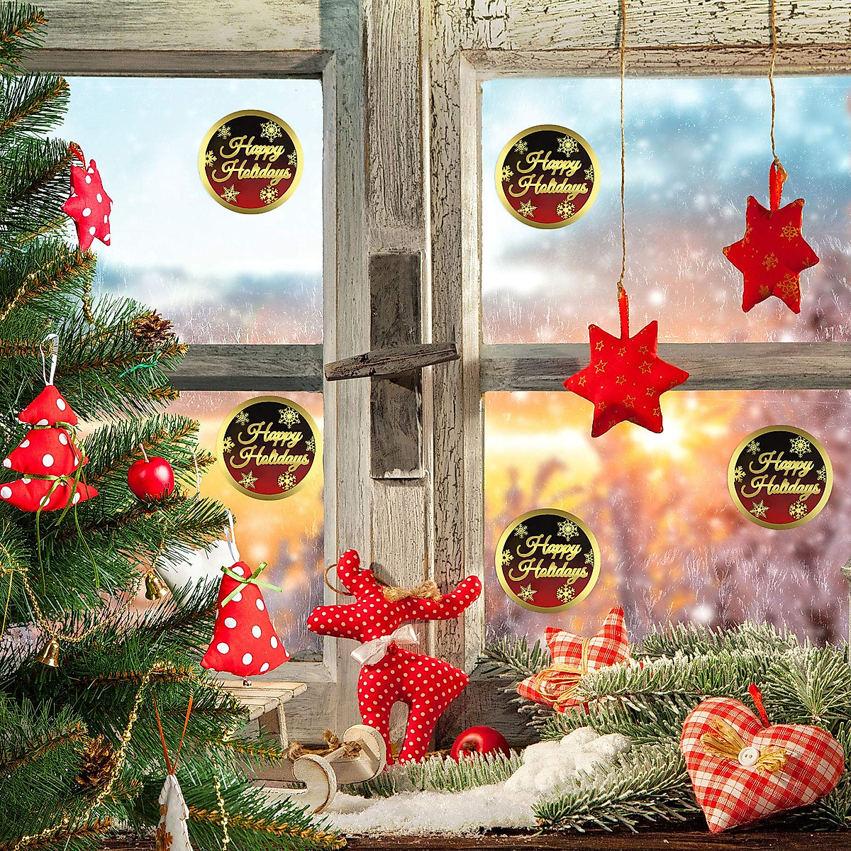 240 Pieces Christmas Happy Holidays Stickers Gold Foil Stamping Sticker 2 Inch Large Round Holiday Stickers Christmas Stickers for Christmas Holiday Cards Envelopes Boxes, Happy New Year Stickers