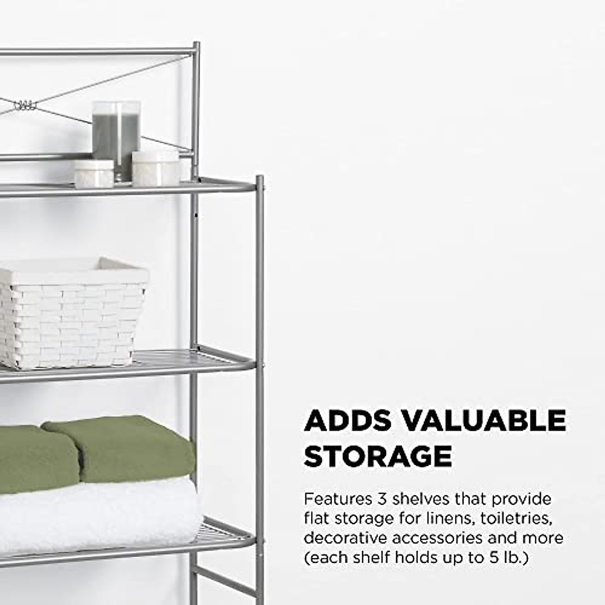 Zenna Home Over the Toilet Storage, Metal Bathroom Spacesaver with 3 Shelves, Cross-Style Storage Cabinet, Easy Assembly, Satin Nickel , 23.25 x 64.7"