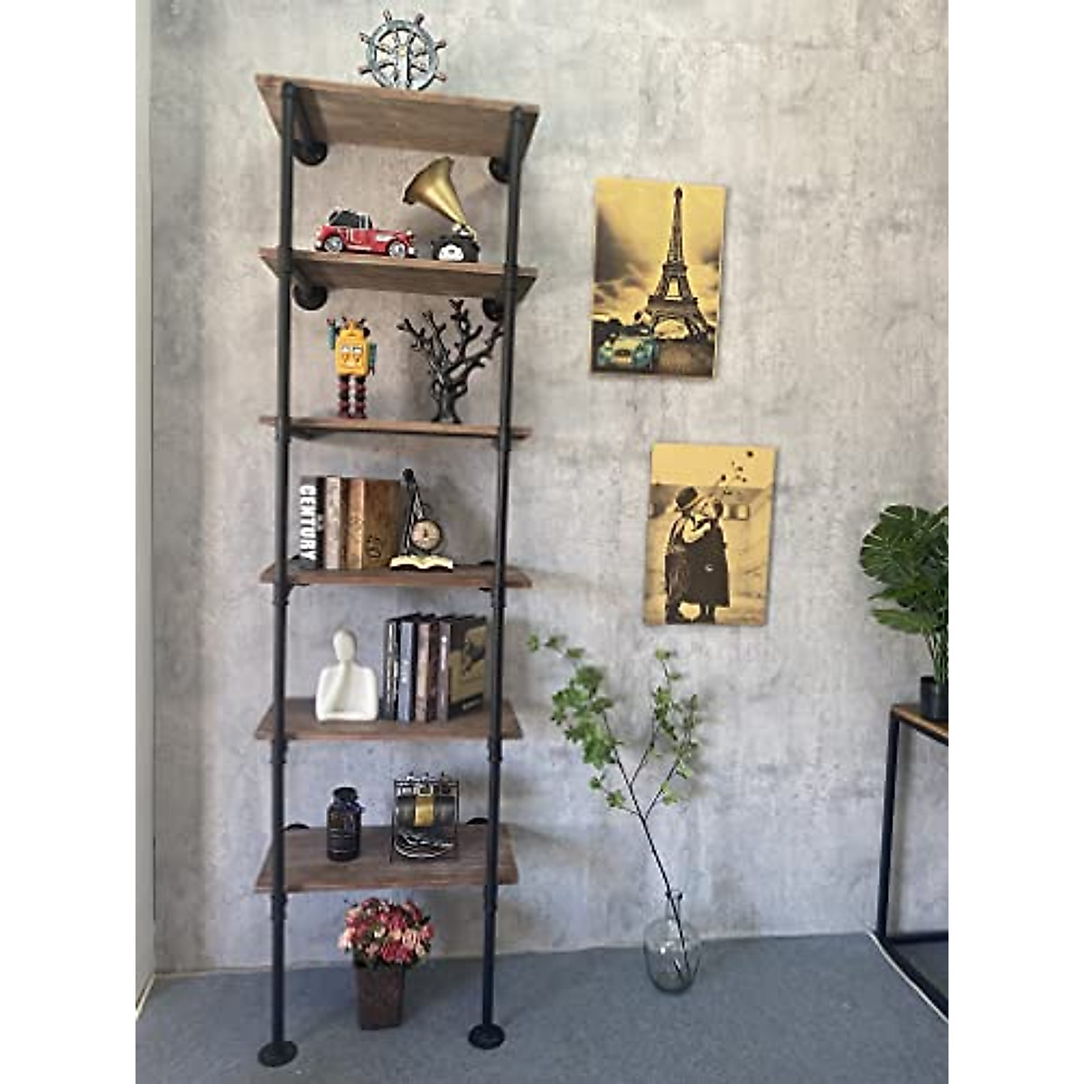 Industrial Pipe Shelving Solid Wood 6-Tier Pipe Shelves 24 inch Ladder Pipe Tall Bookshelf Industrial Floating Wall Shelves for Wall Decor 30 inch Depth Storage Rustic Shelves for Living Room Kitchen