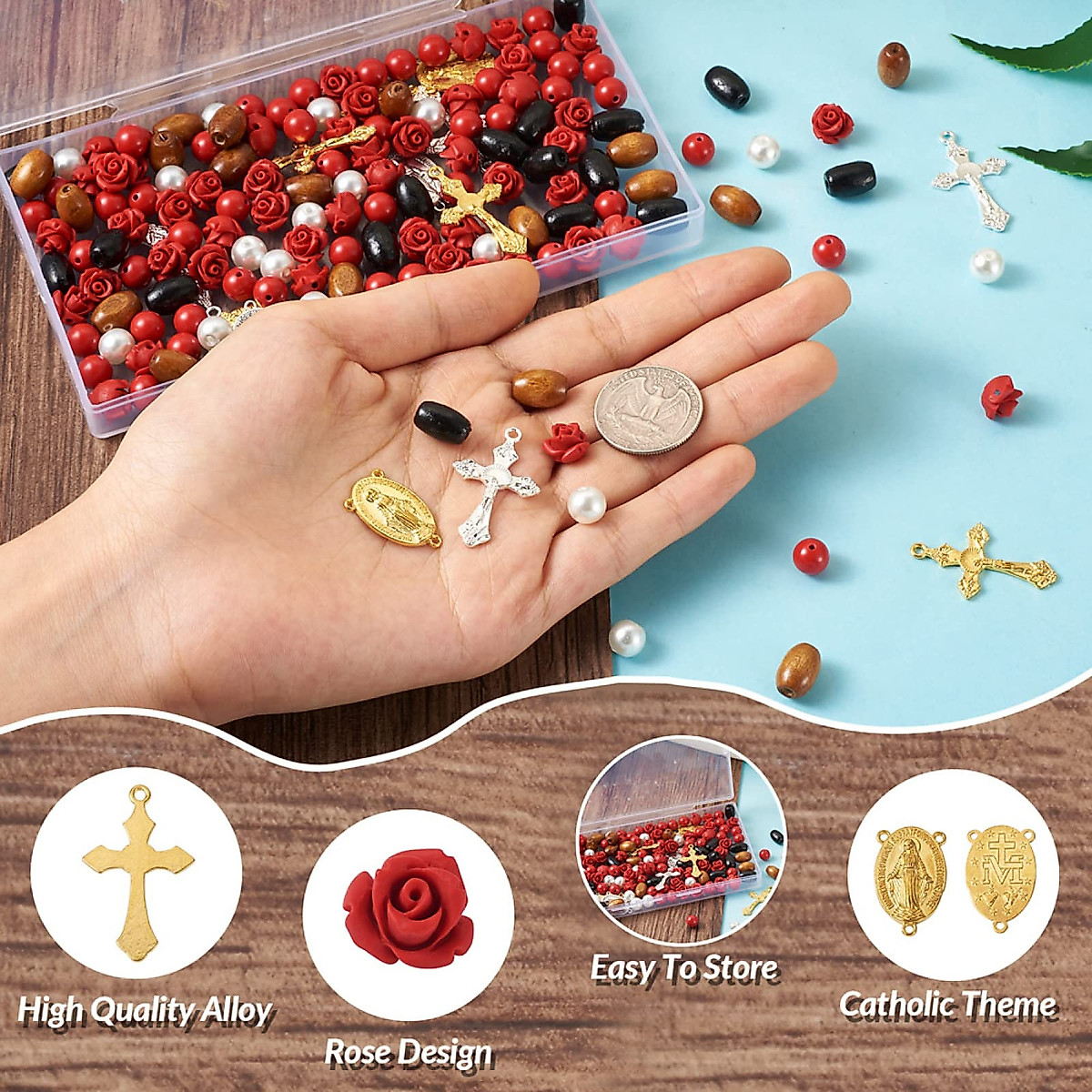 Mega Pet 180Pcs Catholic Rosary Jewelry Making Kits 3D Rose Cinnabar Beads with Barrel Wood Beads Round Glass Pearl Beads Crucifix Cross Pendants Rosary Beads for DIY Necklace Bracelet Jewelry Making