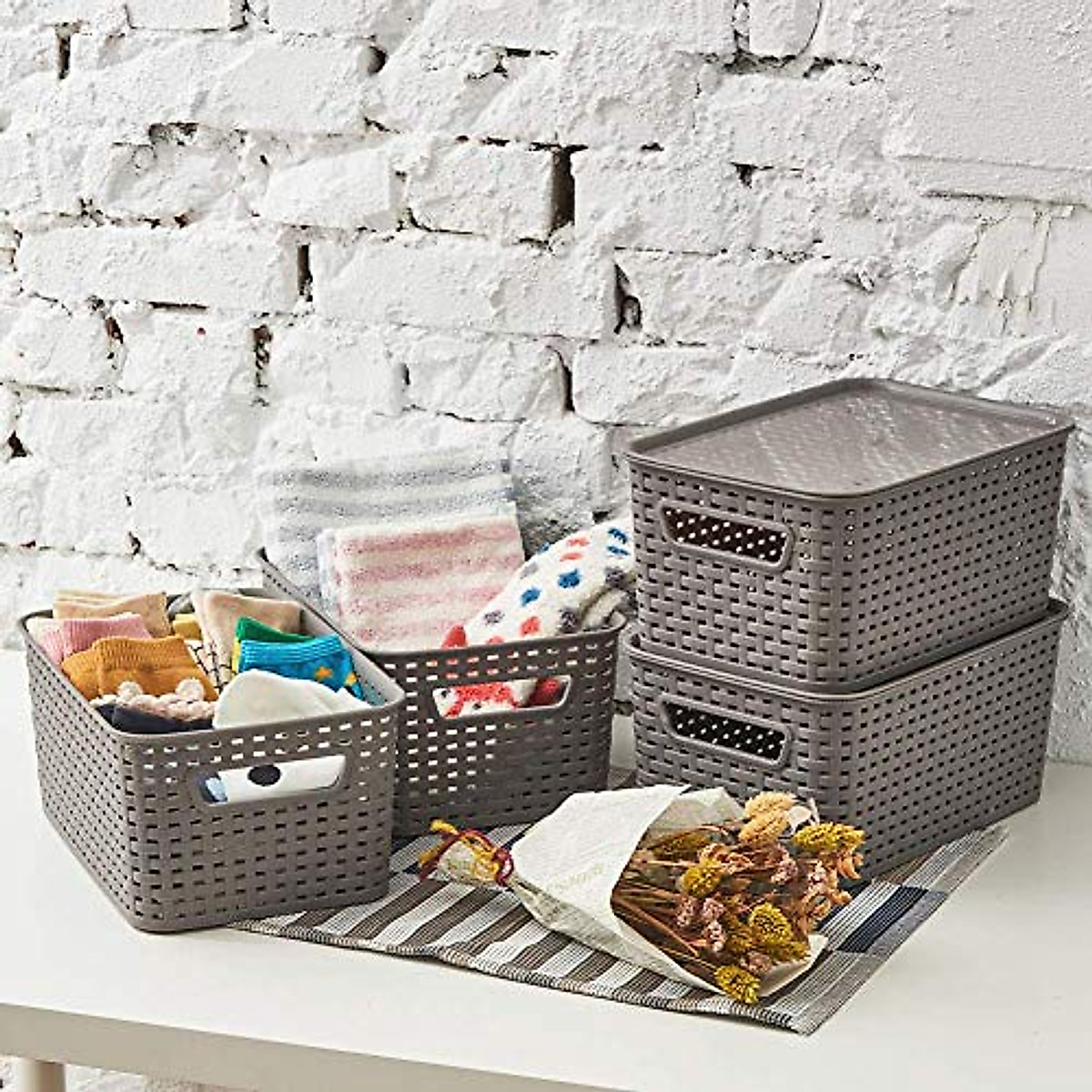 EZOWare Set of 8 Small Gray Plastic Woven Knit Baskets, Storage Organizer Bins Boxes For Office, Classroom, Desktop, Drawer and More