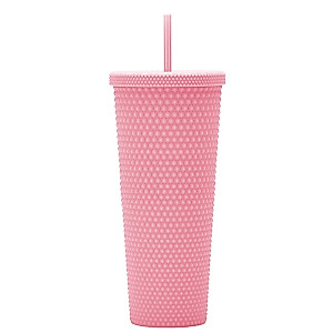 Essasea 24oz Fully Studded Tumbler.Matte Pink Studded Tumbler with Lid and Straw.Reusable Double Walled Insulated Travel Tumbler.Plastic Acrylic Pastel Colored Tumbler Cup for Iced Coffee Smoothie.