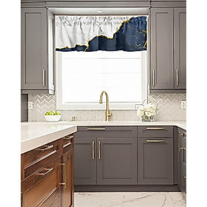 Window Curtain Valances for Kitchen Windows,Natural Marble Abstract Texture Rod Pocket Short Window Valance White Navy Blue Stone with Gold Line Cafe Treatment Valance for Living Room/Bedroom,54x18in