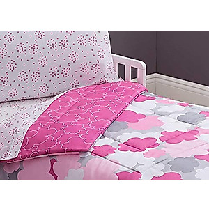 Delta Children 4 Piece Toddler Bedding Set for Girls - Reversible 2-in-1 Comforter - Includes Fitted Comforter to Keep Little Ones Snug, Bottom Sheet, Top Sheet, Pillow Case - Pink Clouds