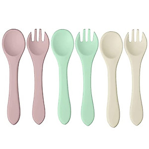 PandaEar Silicone Baby Spoon and Fork Set| 6 Pack First Stage Baby Self Feeding Spoons 6+ Months| Toddler Baby Utensils 6-12 Months| Infant Baby LED Weaning Spoons Feeding Supplies