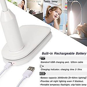 AnSun Rechargeable LED Desk Lamp Clip on Table Light with Battery Powered (2000mAh) 3 Color, Stepless Dimmable Touch Control 360° Flexible Reading Clamp Lamp for Study Bedroom Office (White)