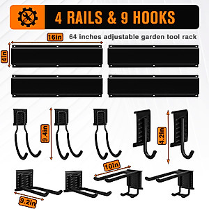 Tool Storage Rack - Garage Tool Organizer Wall Mount, 13Pcs Heavy Duty Garden Tool Organizer with 4 Rails & 9 Hooks for Garage Garden Shed Yard, 64in Adjustable Garage Storage Rack, Max Load 600 Lb