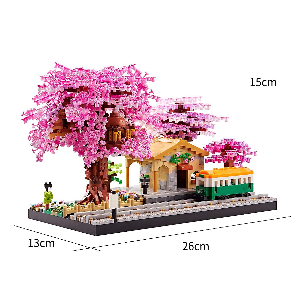 Architecture, Japanese Sakura Tree Class Train Station Cherry Blossom Tree Building Block Model Kit 3668 PCS for Adults and Kids, Classical Building Micro Blocks Set,Mini DIY Assembly Toy