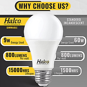 Halco ProLed Led Light Bulbs LED A19 Dimmable, Frosted 120V, 60W Equivalent Efficient 9W, 800 Lumen, 15000 Hours, E26, UL CRI 80 6 Pack (3000k Warm White)