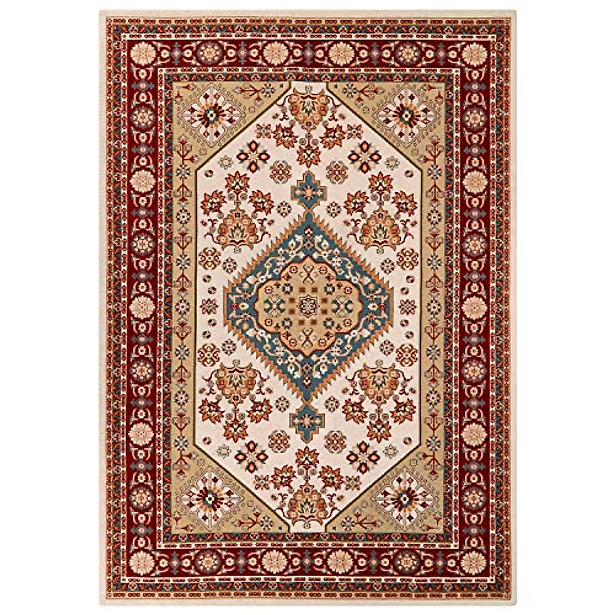 Traditional Collection Oriental Area Rug, 5’ x 6.6’ Non-Slip Washable Rugs for Living Room, Red Medallion Nursery Room Apartment Bedroom Rug Large Carpet for Dining Room Studio Office
