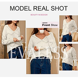 EVALESS Fall Sweaters for Women 2024 Knit Top Long Sleeve White Sweaters Blouses for Women Dressy Casual Sexy Summer Sweaters for Women Lightweight Outfits Clothes Sexy V Neck Crochet Tops, Medium