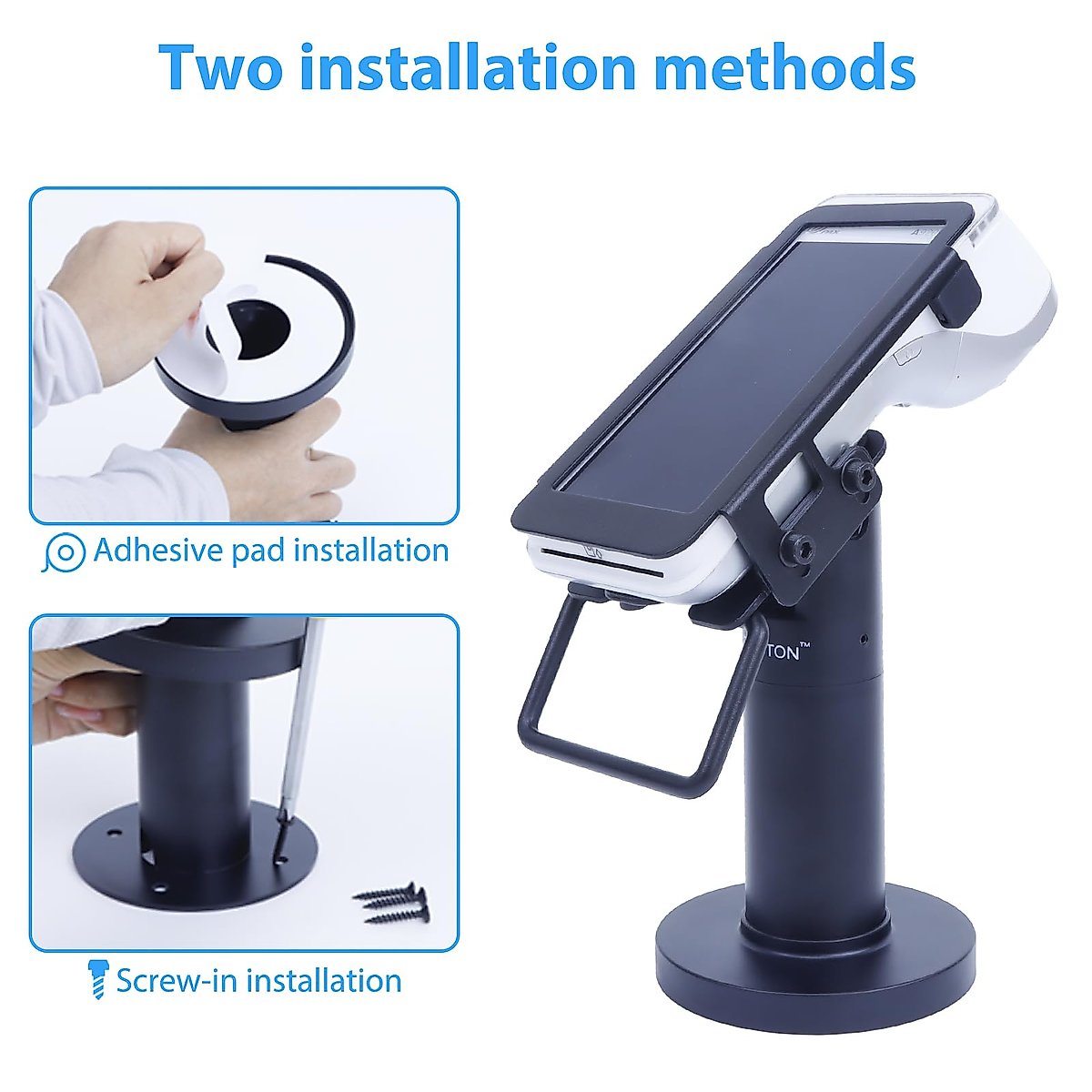CRIZISTON Credit Card Terminal Stand for Pax A920 / A920 Pro, 7" Tall Credit Card Machine Stand, Swivel & Tilt POS Machine Payment Terminal Stand with Fully Wrap Metal Frame, Screw-in & Adhesive,Black