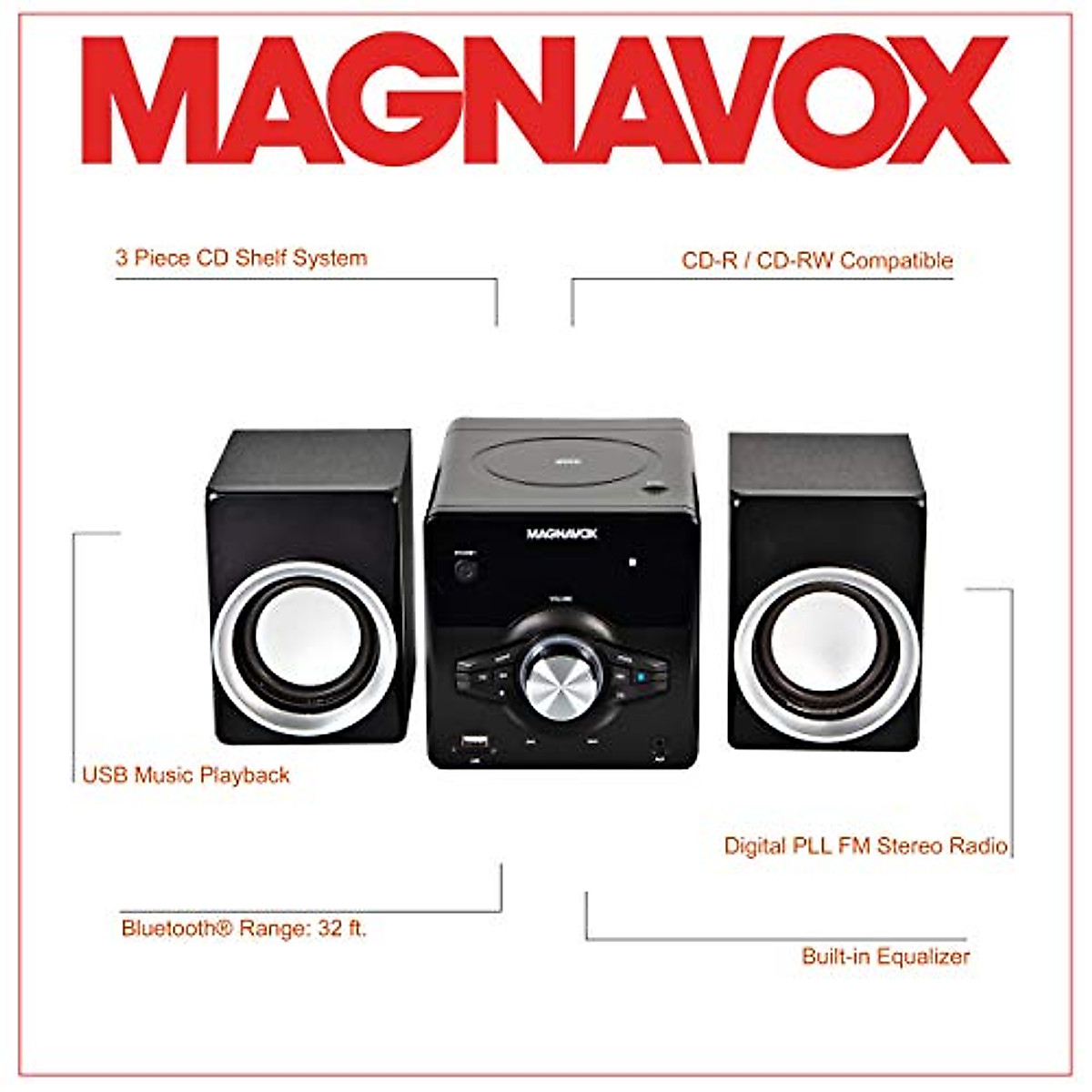 Magnavox MM442 3-Piece Top Loading CD Shelf System with Digital PLL FM Stereo Radio, Bluetooth Wireless Technology, and Remote Control in Black | Blue Lights | LED Display | AUX Port Compatible |