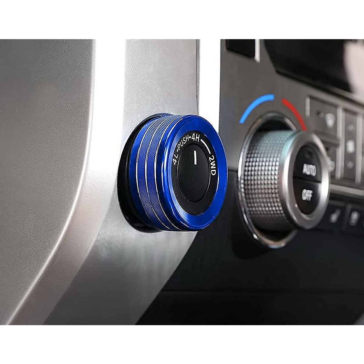 iJDMTOY 5pc-Set Blue Aluminum Air Conditioner Stereo Volume/Tune 2WD/4WD Switch Turner Ring Covers Compatible with 2017-2021 Toyota Tundra w/ 2-AC Center Console