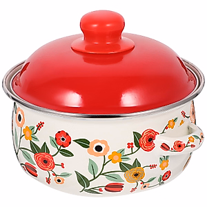 Unomor Vintage Enamel Stockpot with Lid Floral Kitchen Cooking Pot Deep Cookware Double Handle Soup Pot Decorative Oil Storage Basin for Stove Top Induction Cooker