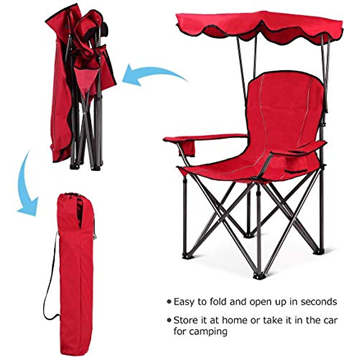 GYMAX Canopy Chair, Portable Folding Beach Pool Chair Lawn Chair with Canopy Two Cup Holders and Carry Bag, for Outdoor Beach Camp Park Patio (Red)