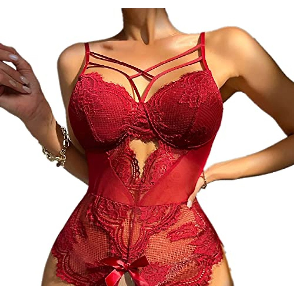 Pyroluna Women’s Lingerie One Piece Floral Lace Teddy Bodysuit Strappy for Boudoir with Bow Cute Nightie (Wine Red, X-Large)