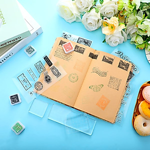 Yinder 7 Pcs Vintage Rubber Clear Stamps Set 4 Sheet Transparent Postage Silicone Stamps 3 Pcs Acrylic Stamp Block Tools with Grid Lines Rubber Craft Supplies for DIY Scrapbooking Journaling