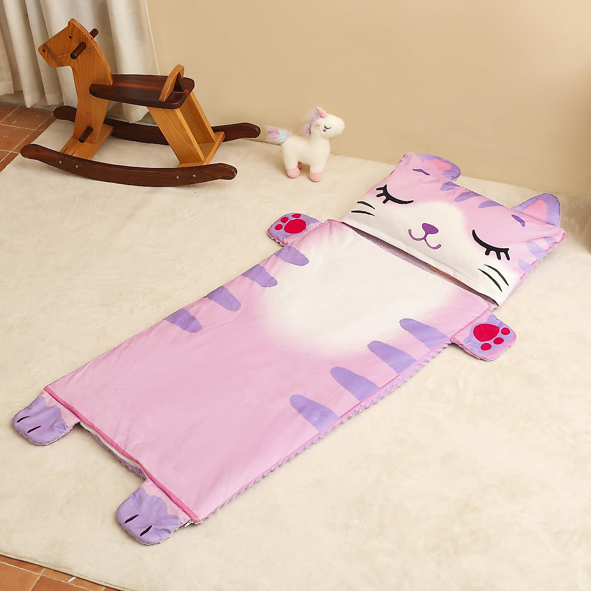 Rabtero Children Sleeping Bag, Toddlers Kids Nap Mat, Cartoon Cat Sleeping Mat for Daycare Preschool Kindergarten, Girls Boys Slumber Bag, Pillow, Blanket 3 in 1