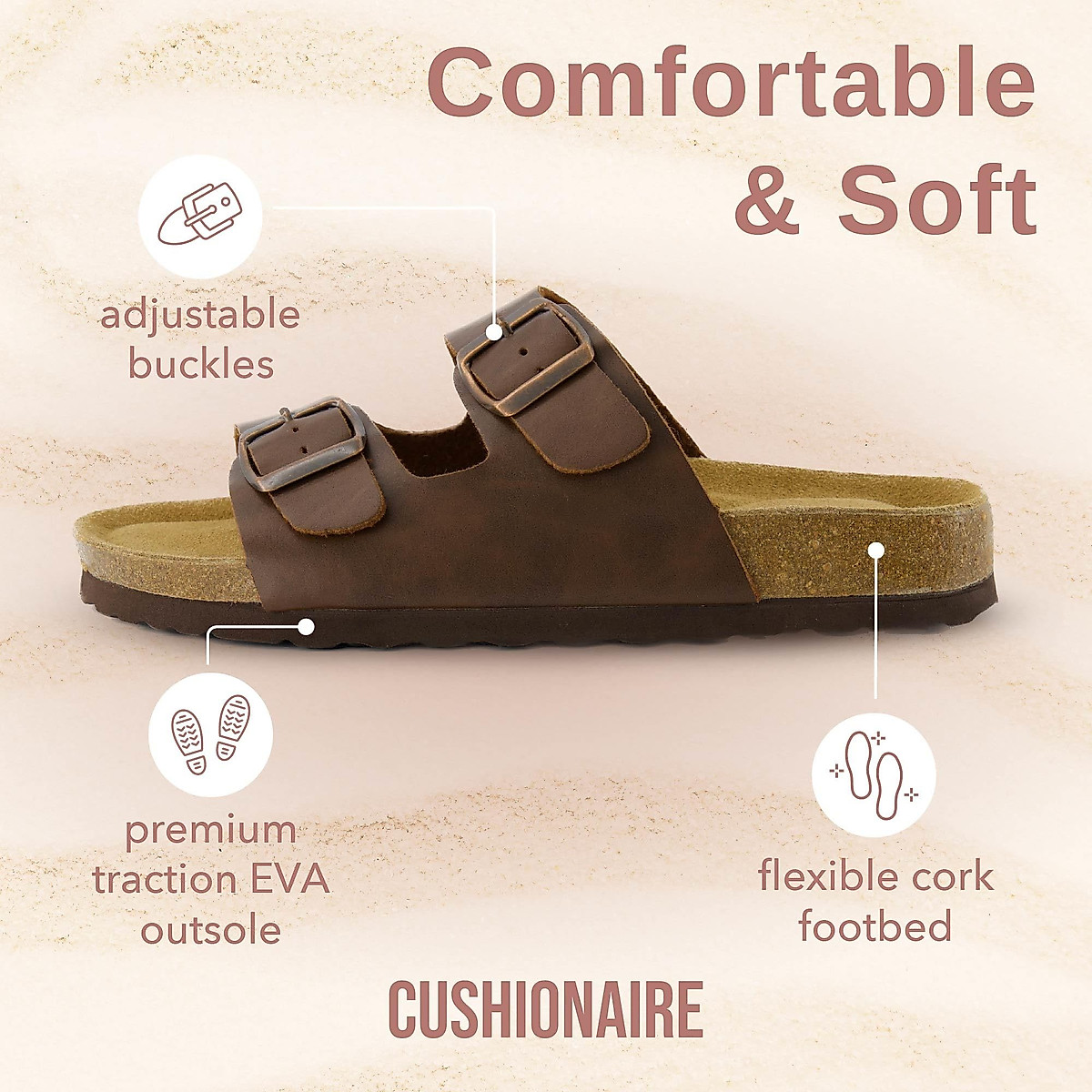CUSHIONAIRE Lane Cork Footbed Sandals for Women – Comfortable Double Buckle Slip-On with Genuine Suede Footbed & Arch Support Slides for Women Footwear, BROWN 8