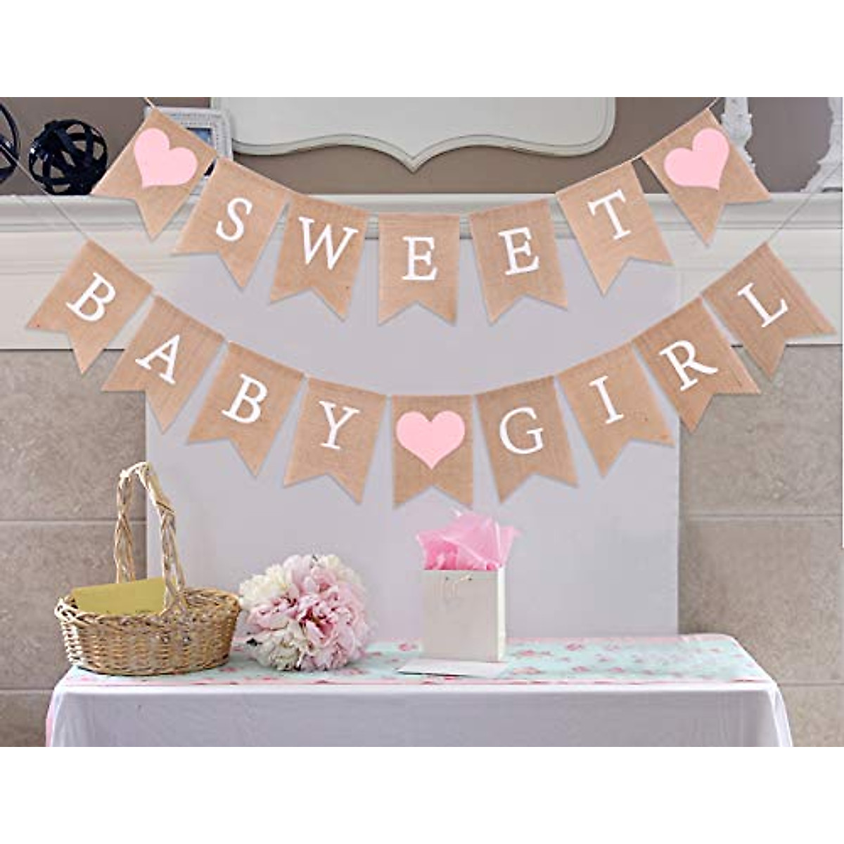 Sweet Baby Girl Burlap Banner - Sweet Baby Boy Shower Decorations, Rustic Baby Shower Decorations, Photo Decoration Props (Sweet Baby Girl Pink)