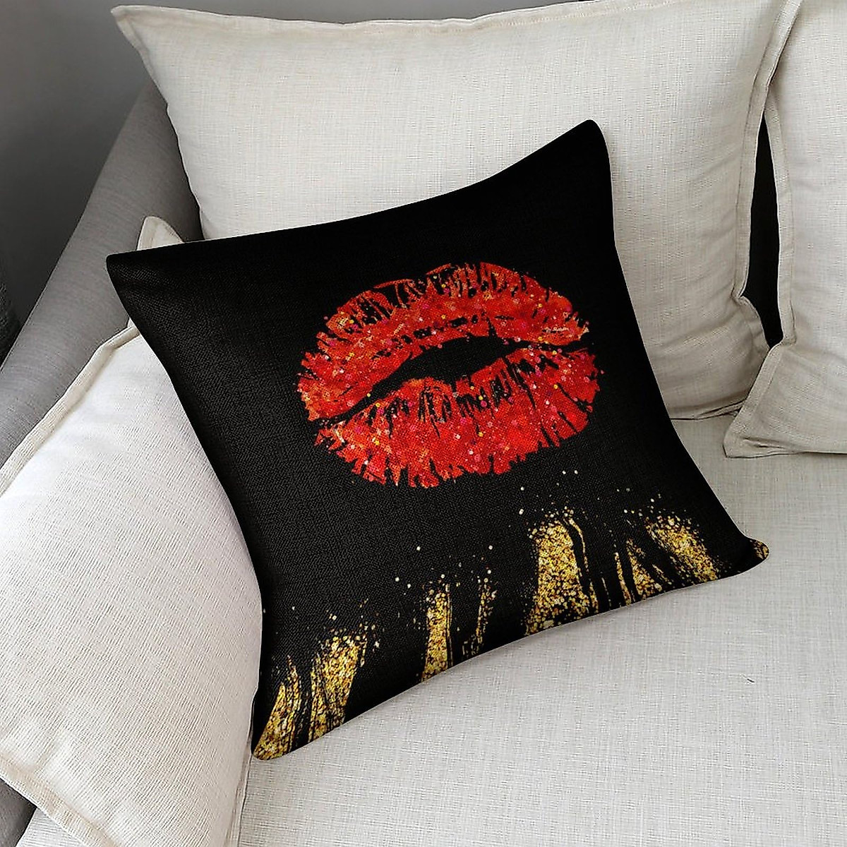 JOJOART Red Glitter Mouth Throw Pillow Covers 18×18 Pillowcases Set of 1 Sexy Kiss Lips Linen Decorative Square Pillow Case Cushion Covers Standard Size for Sofa Couch Outdoor Bed Pillow Protectors