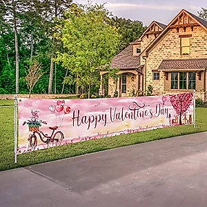 Large Happy Valentines Day Banner Outdoor Decorations 120" x 20" Valentine's Yard Sign Pink Hearts Tree Bicycle Balloons Bears Flowers Birds Holiday Party Supplies Valentine Backdrop Home Decor with Brass Grommets for Garden House Fence Garage Indoor Gift